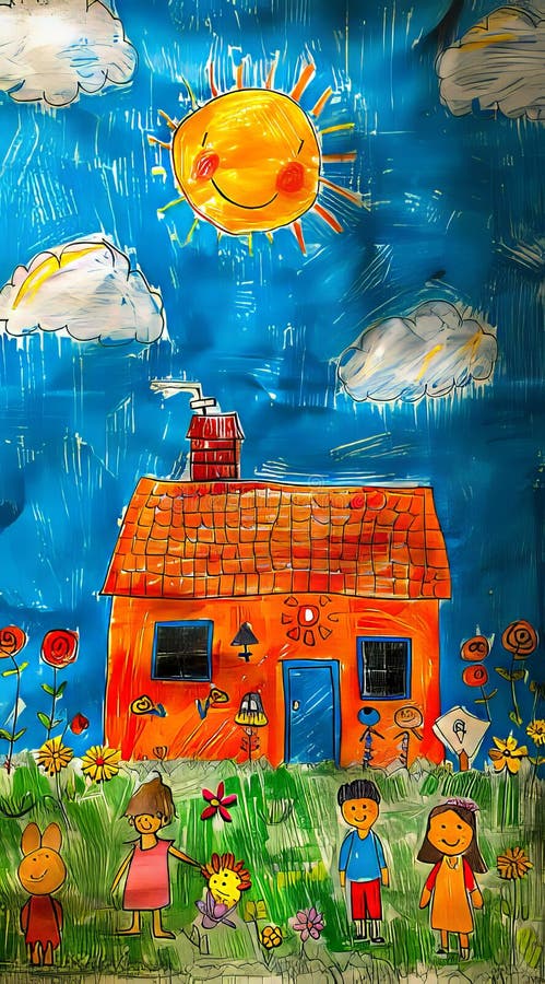 A Drawing of a House with Children and Sun Stock Image - Image of child ...