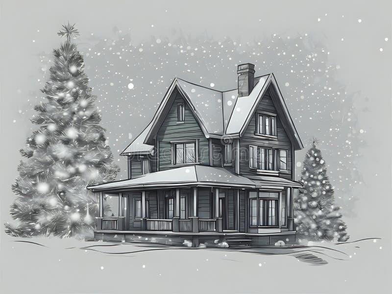 Drawing of a House with a Christmas Tree in Front of it Stock ...