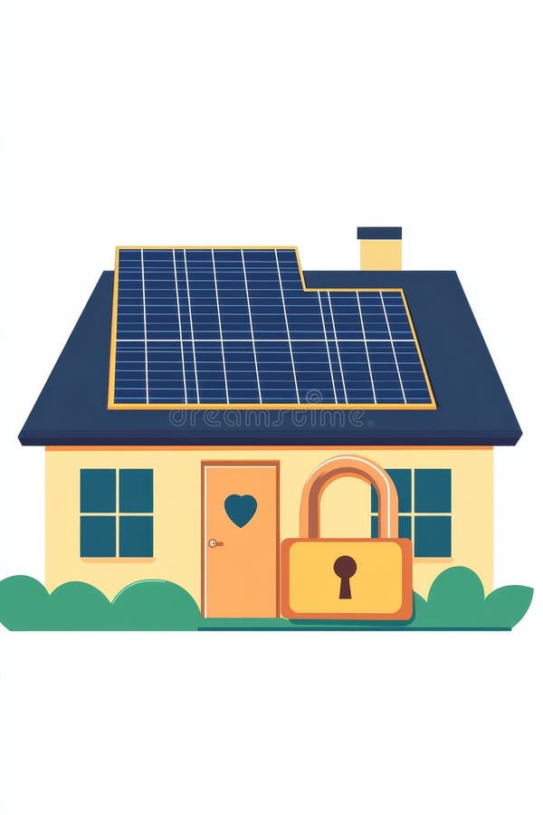 A Drawing of a House Featuring Solar Panels and a Security Lock Icon ...