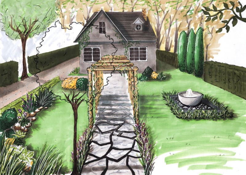 Drawing House Garden Cottage. the View from the Top Stock Illustration ...