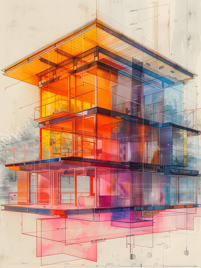 A Drawing of a House with a Lot of Windows Stock Photo - Image of ...