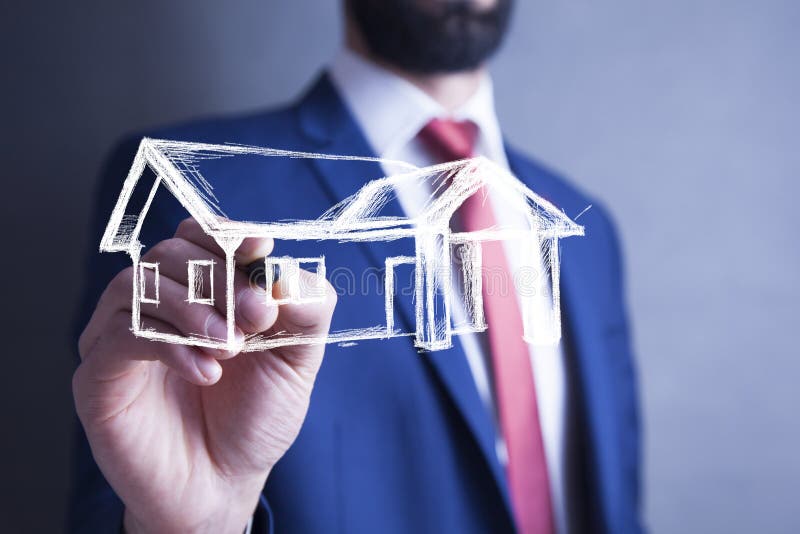 Drawing House in Man Hands in Screen Stock Image - Image of ...