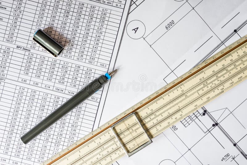 Drawing House Plan, Slide Rule and Pencil on the Table Stock Image ...