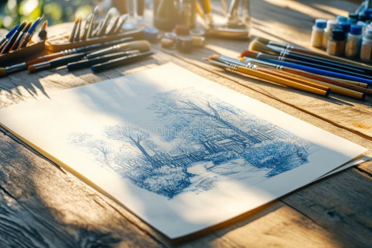 A Drawing of a House Rests on a Table Alongside Paint Brushes. Stock ...