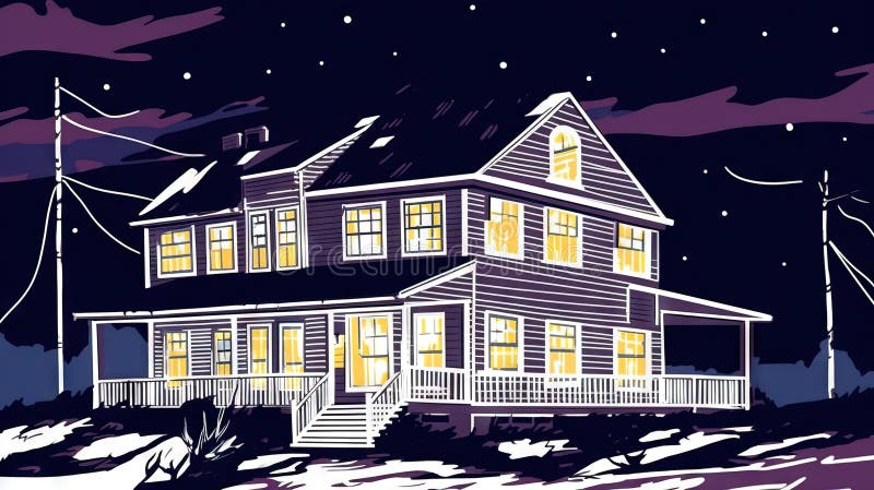 A Drawing of a House in the Snow at Night with a Full Moon Stock ...