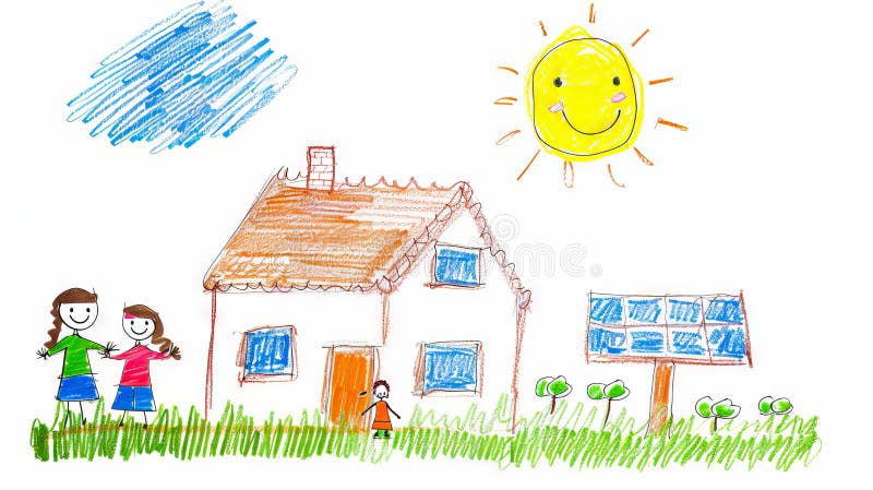 A Drawing of a House with a Solar Panel and a Smiling Sun Stock Photo ...