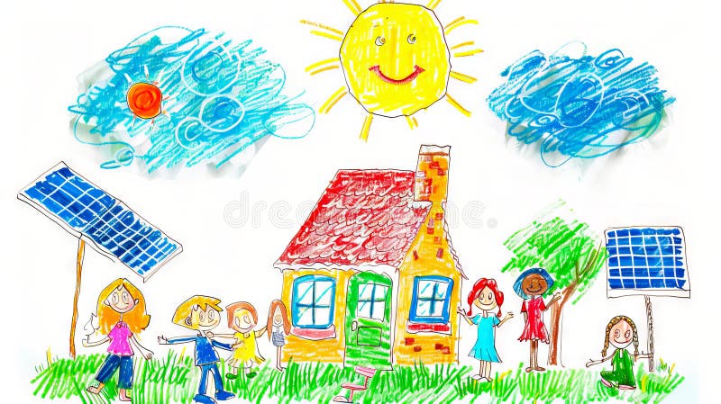 A Drawing of a House with Solar Panels and Children Around it Stock ...
