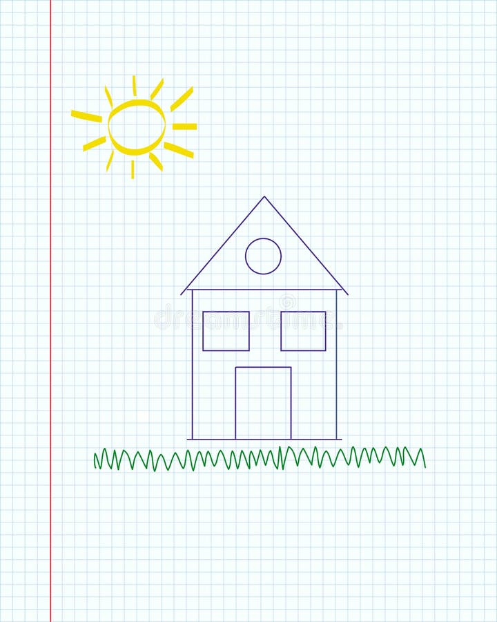 Drawing of House , Sun and Grass Con Squared Paper Stock Illustration ...