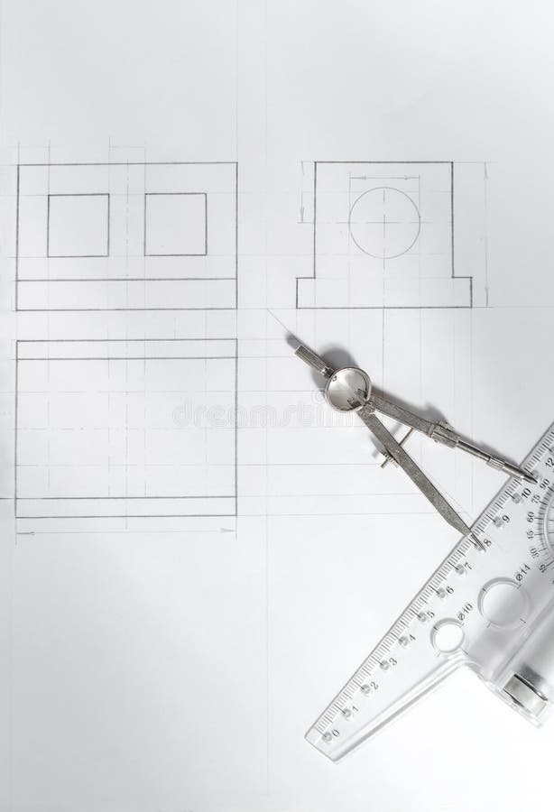 Architect Drawing on Paper with Compass and Ruler Stock Image - Image ...