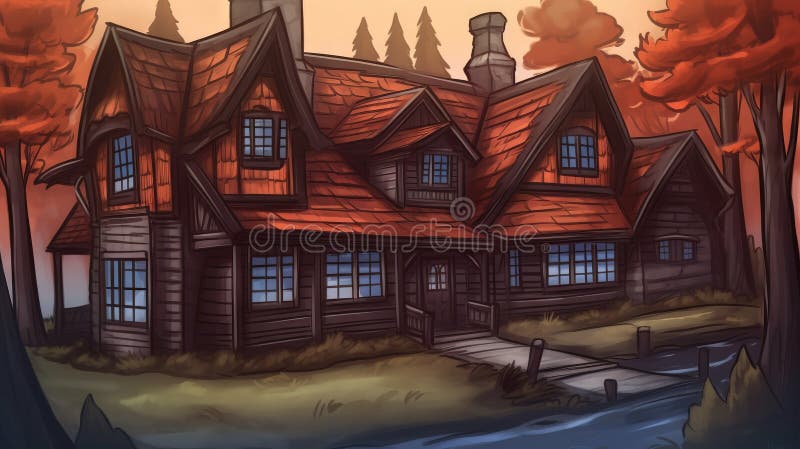 A Drawing of a House in the Woods with a Dock Stock Illustration ...