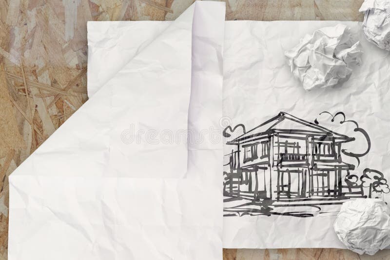 Drawing House on Wrinkled Paper Stock Photo - Image of model, hand ...