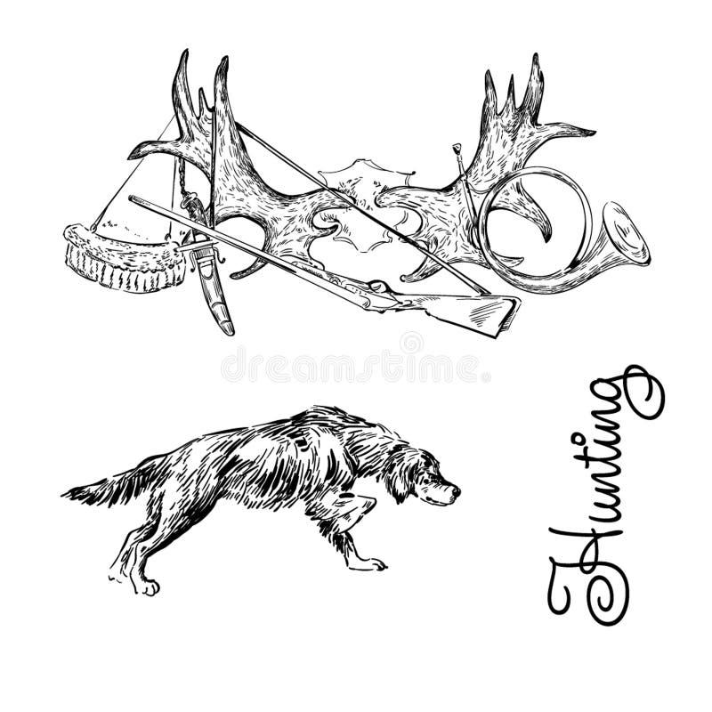 Drawing of hunting objects stock vector. Illustration of rifle - 111740322
