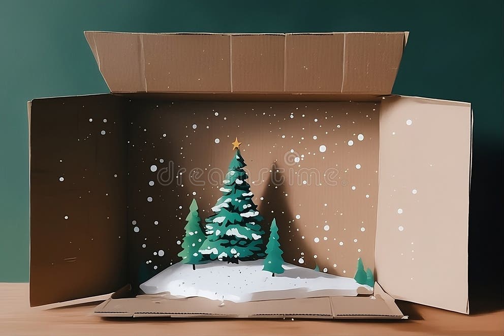 Christmas Tree with Star Inside a Cardboard Box Snowfall Stock ...