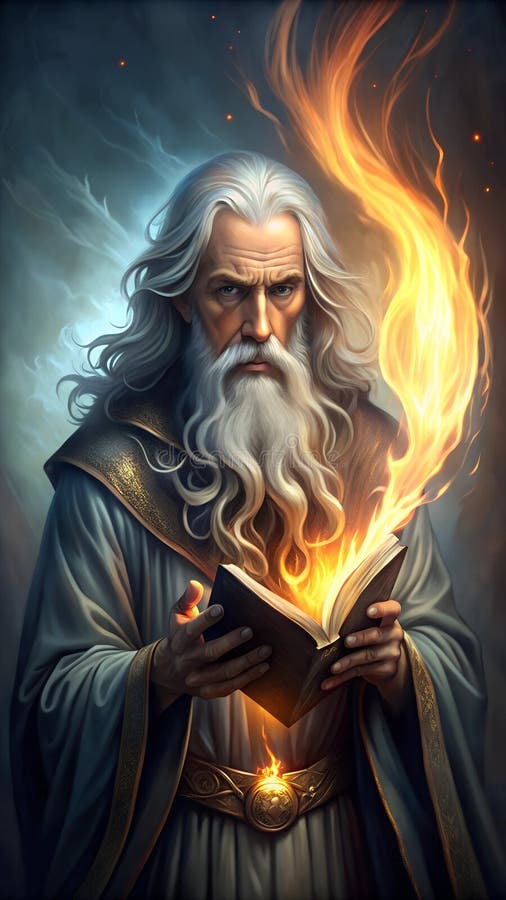 A Drawing Illustration of a Old Fire Magic Wizard Man with Long Grey ...