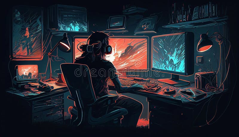 Illustration of Young Man Playing Game in Desktop at Bedroom Stock ... Illustration of Young Man Playing Game in Desktop at Bedroom Stock ...