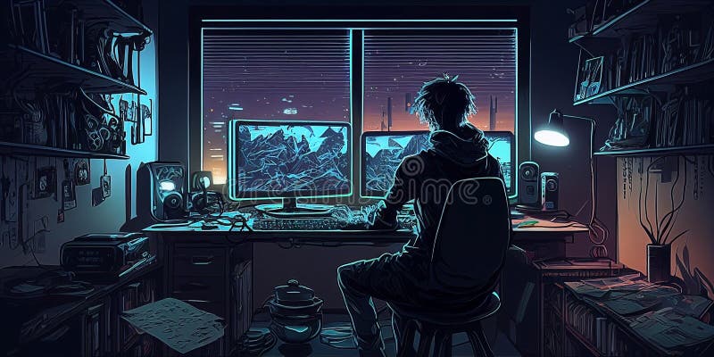 Illustration of Young Man Playing Game in Desktop at Bedroom Stock ... Illustration of Young Man Playing Game in Desktop at Bedroom Stock ...