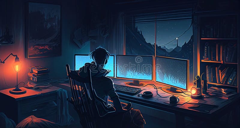 Illustration of Young Man Playing Game in Desktop at Bedroom Stock ... Illustration of Young Man Playing Game in Desktop at Bedroom Stock ...