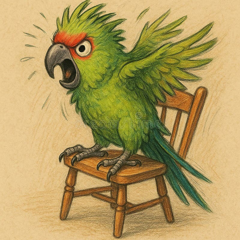 Drawing of an Indignant Green Parrot Sitting on a Stool and Flapping ...