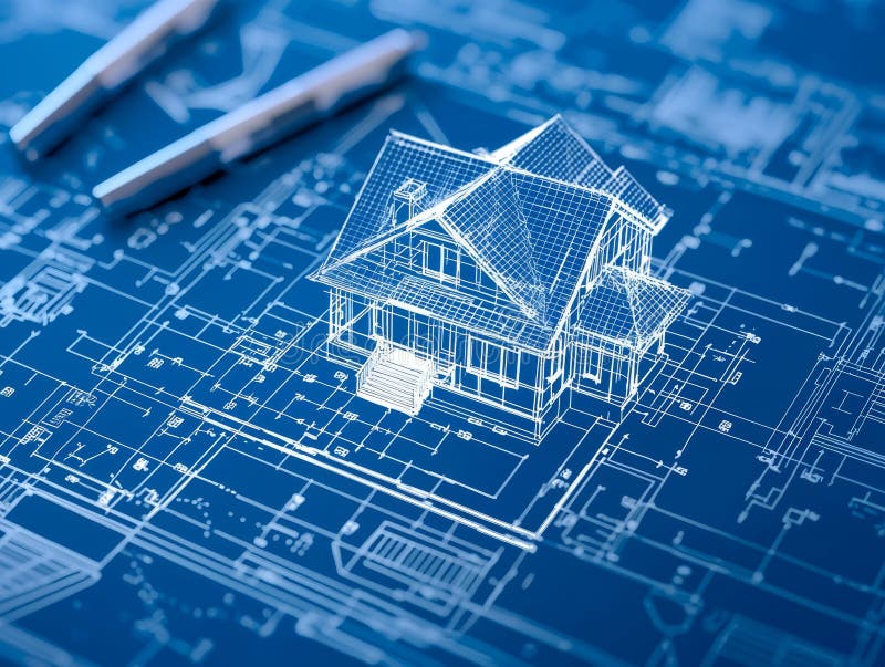 Drawing Instruments and Miniature Model House on Blueprints Stock ...