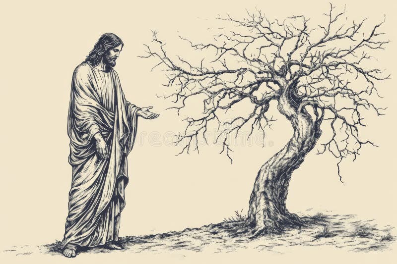 A Drawing of Jesus Christ Standing beside a Withered Fig Tree ...