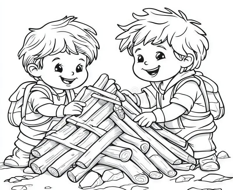 A Drawing of Kids Assembling a Fort with Branches, a Simple Outline ...