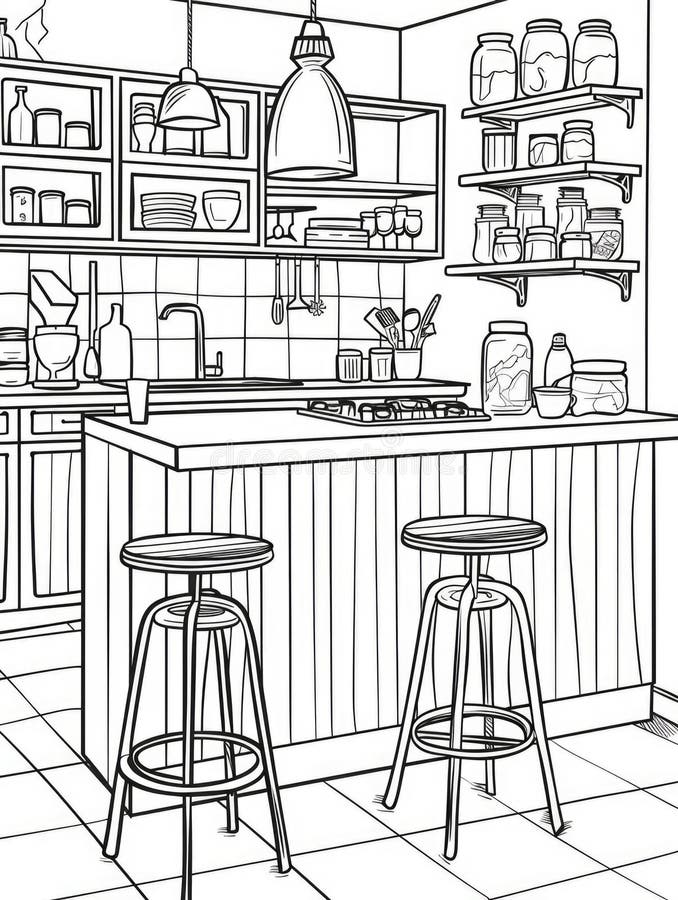 A Drawing of a Kitchen with a Bar and Stools, Coloring Book for Kids ...