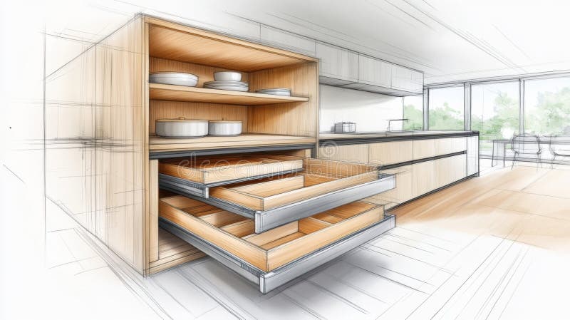 A Drawing of a Kitchen with Drawers and Cabinets, AI Stock Image ...