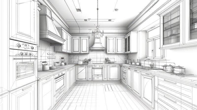 Drawing Kitchen White Cabinets Ideal Interior Design Concepts Stock ...