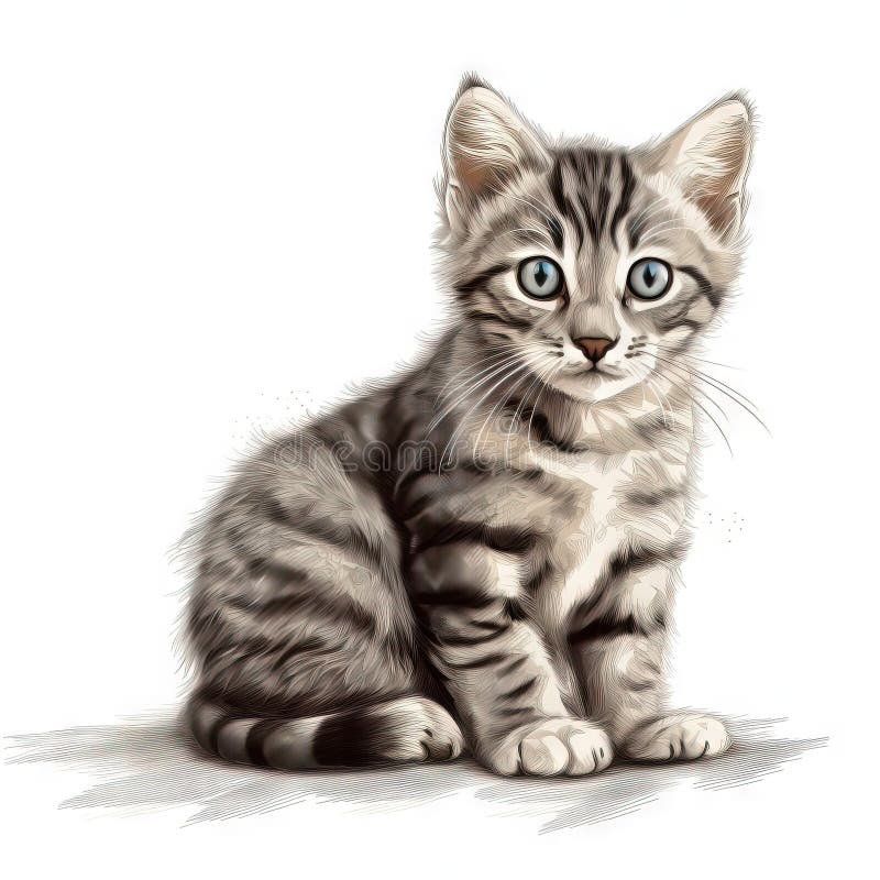 A Drawing of a Kitten with Blue Eyes Sitting on the Ground Stock ...