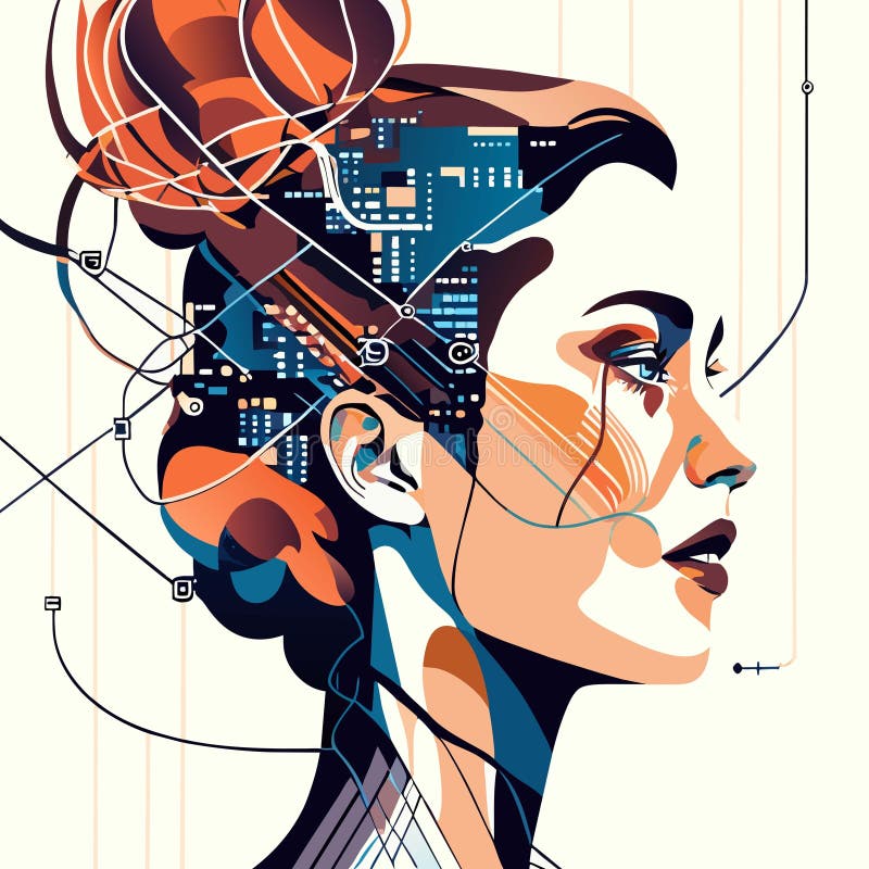 Drawing of a Lady Merged into Technology Stock Vector - Illustration of ...