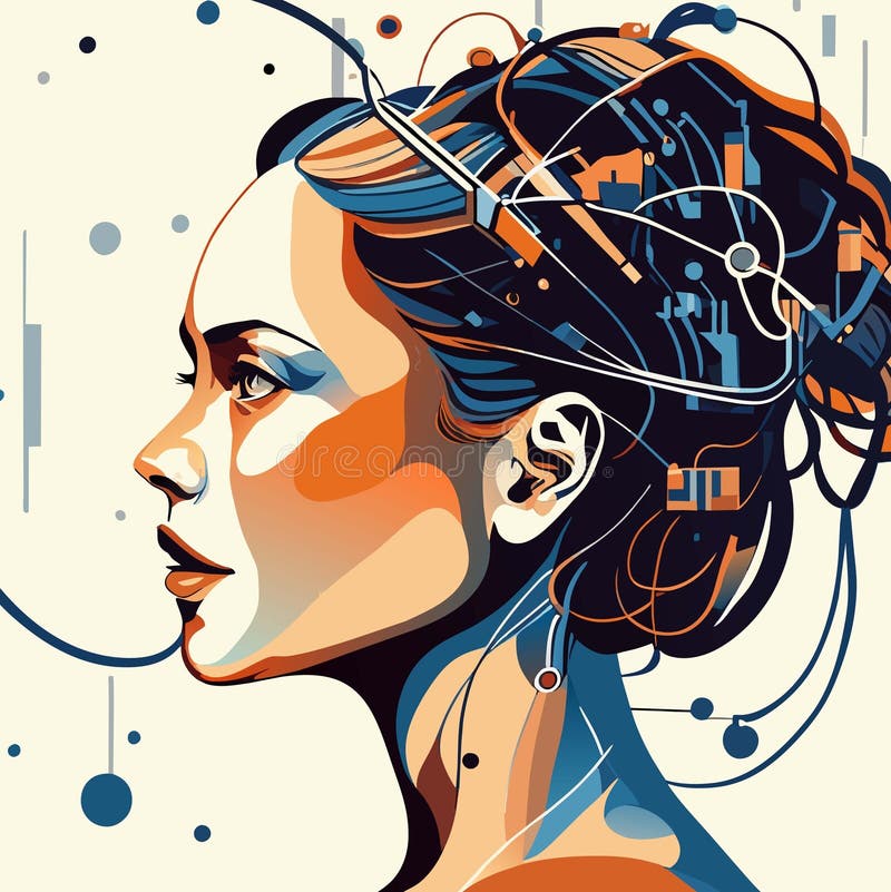 Drawing of a Lady Merged into Technology Stock Illustration ...