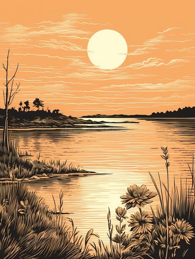 A Drawing of a Lake with a Sunset, Sunset Over the Lake Stock ...