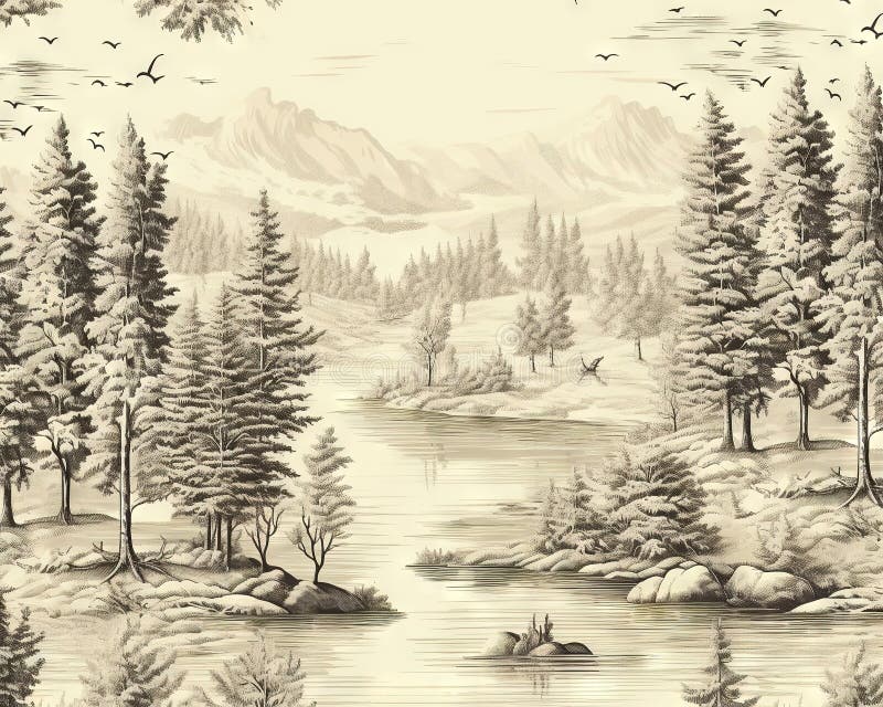 Vintage Drawing Landscape of Ancient European Forests of Trees ...