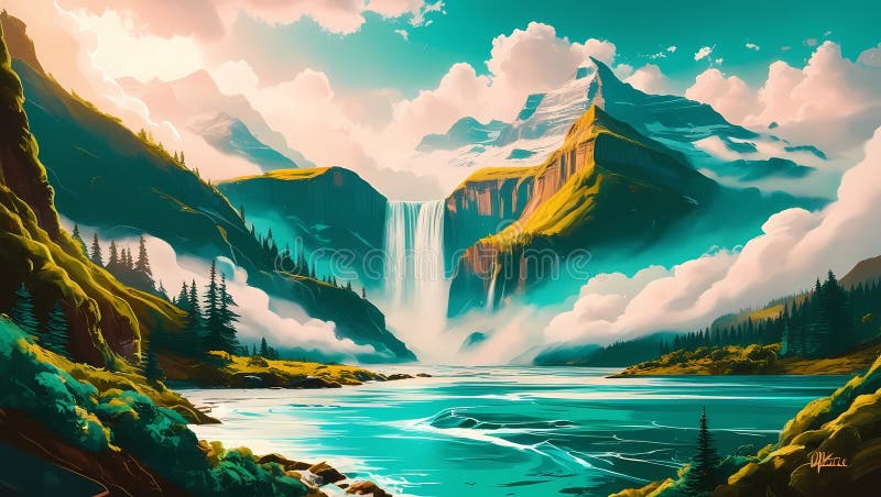 Drawing of a Waterfall Landscape with Mountains Stock Illustration ...