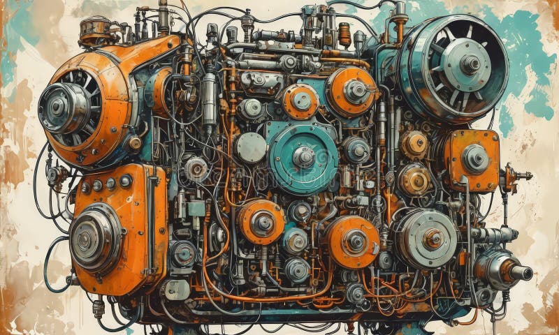 Drawing Large Engine with Many Parts Stock Illustration - Illustration ...