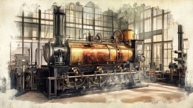 A Drawing of a Large Steam Engine in an Industrial Setting, AI Stock ...