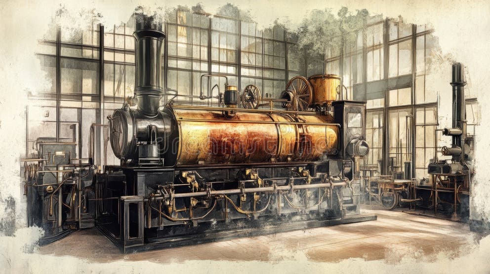 A Drawing of a Large Steam Engine in an Industrial Setting, AI Stock ...
