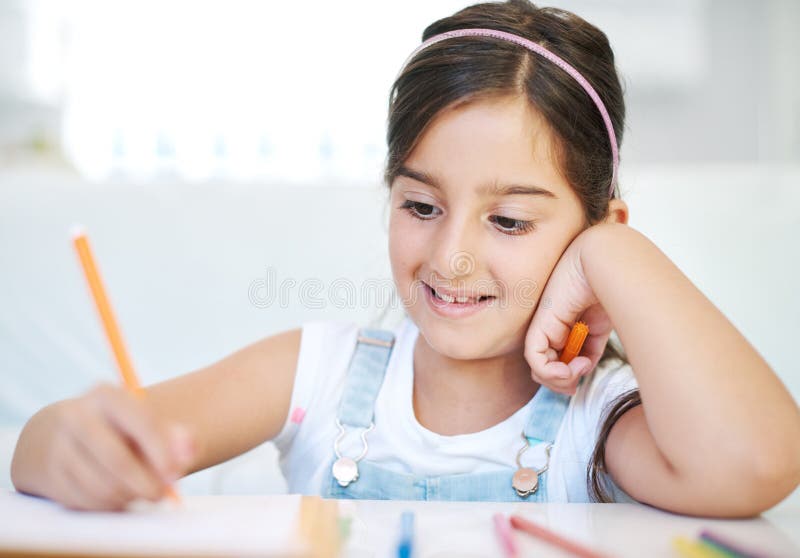 Drawing, Learning and Child by Desk in Home for Development, Homework ...