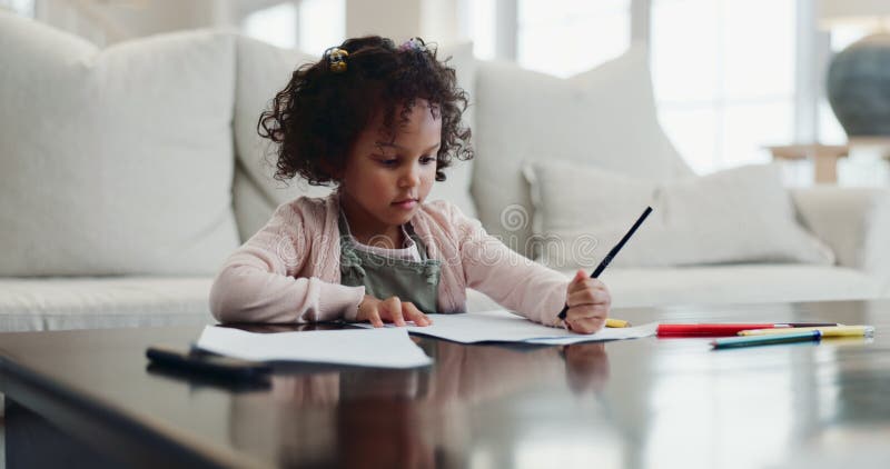 Drawing, Learning and Kid with Paper in Home for Creative Lesson, Motor ...