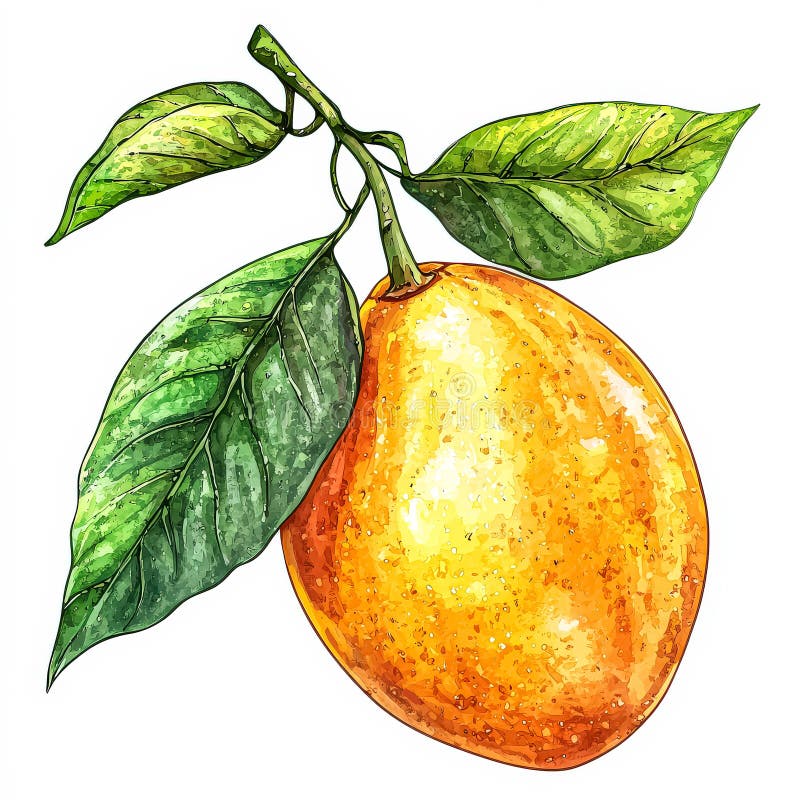 Drawing of a Lemon with a Green Leaf on Top Stock Image - Image of ...