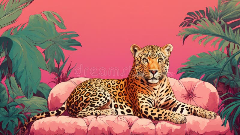 Drawing of Leopard Lying on a Bright Pink Sofa, on a Pink Background ...