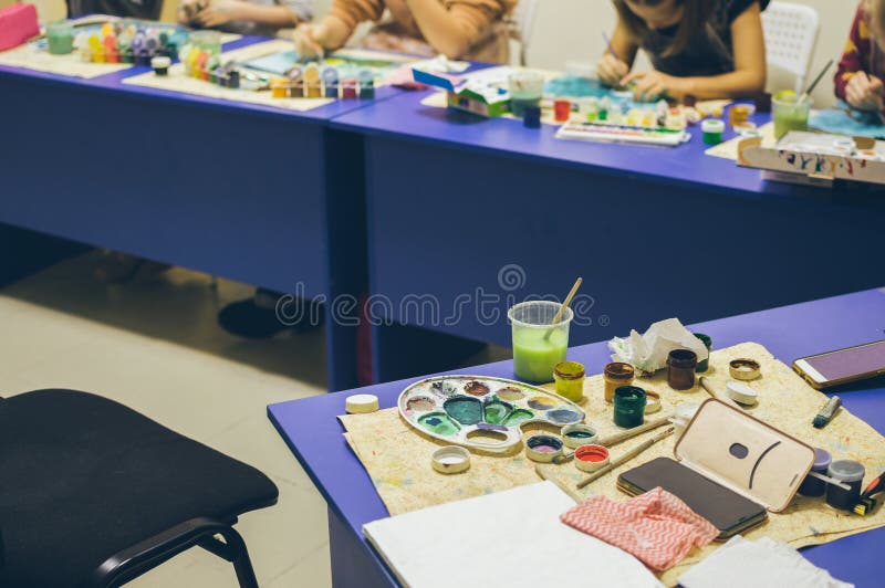 Drawing Lesson. Children Learn To Draw with Gouache Stock Photo - Image ...