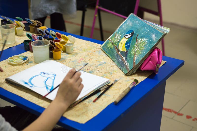 Drawing Lesson. Children Learn To Draw with Gouache Editorial Photo ...