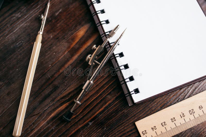 Drawing Lesson, Compasses, Ruler, Notebook on the Student`s Desk Stock ...