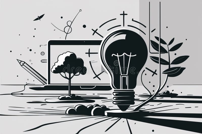 A Drawing of a Light Bulb and Some Trees in Front, AI Stock ...