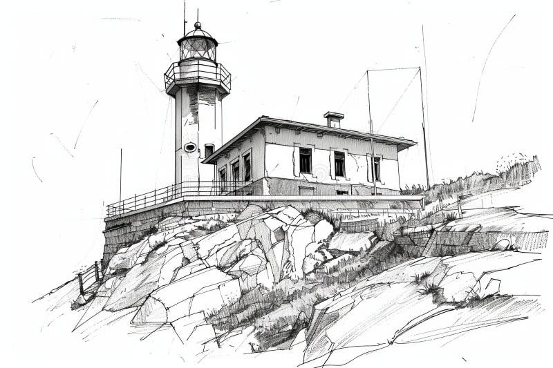 Drawing of Lighthouse on the Rocky Shore. Generative AI. Stock ...