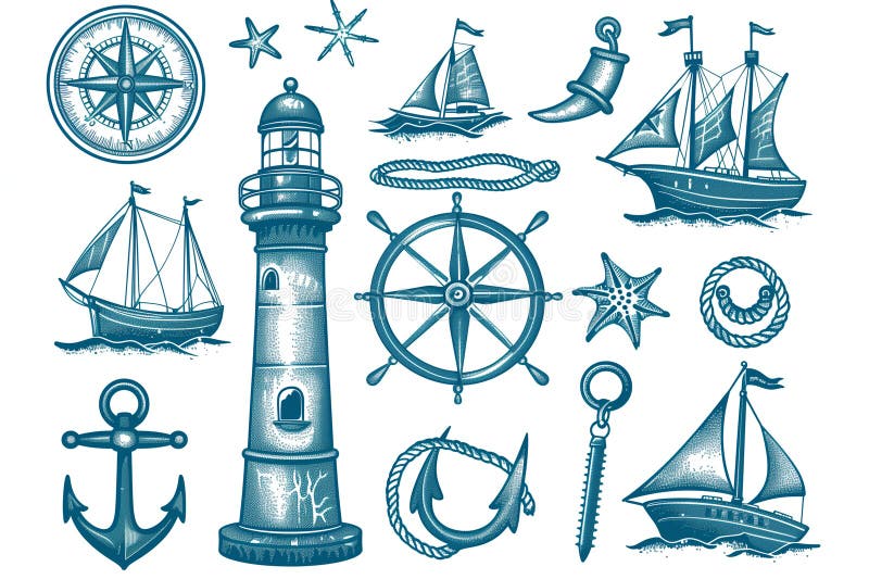 Drawing of a Lighthouse and Various Items Stock Image - Image of marine ...