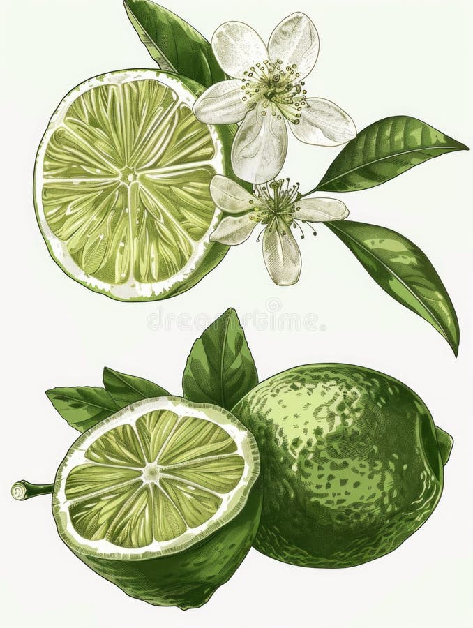 Drawing of a Lime and a Flower Stock Photo - Image of vitamin, flower ...