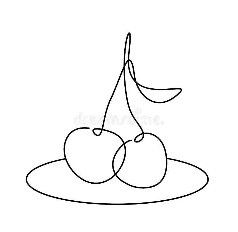 One Line Cherry Drawing, Isolated on White Stock Vector - Illustration ...