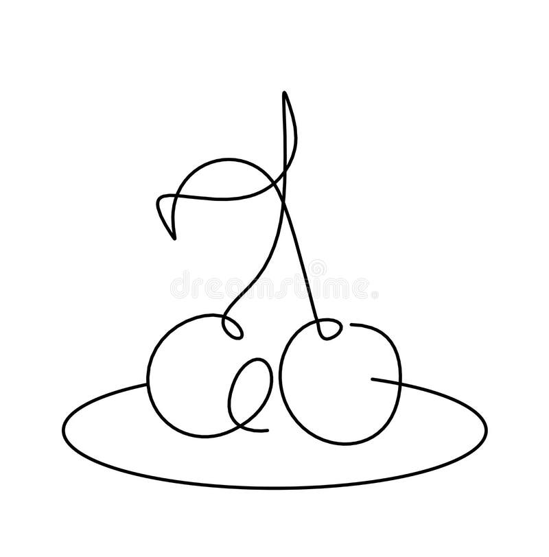 One Line Cherry Drawing, Isolated on White Stock Vector - Illustration ...